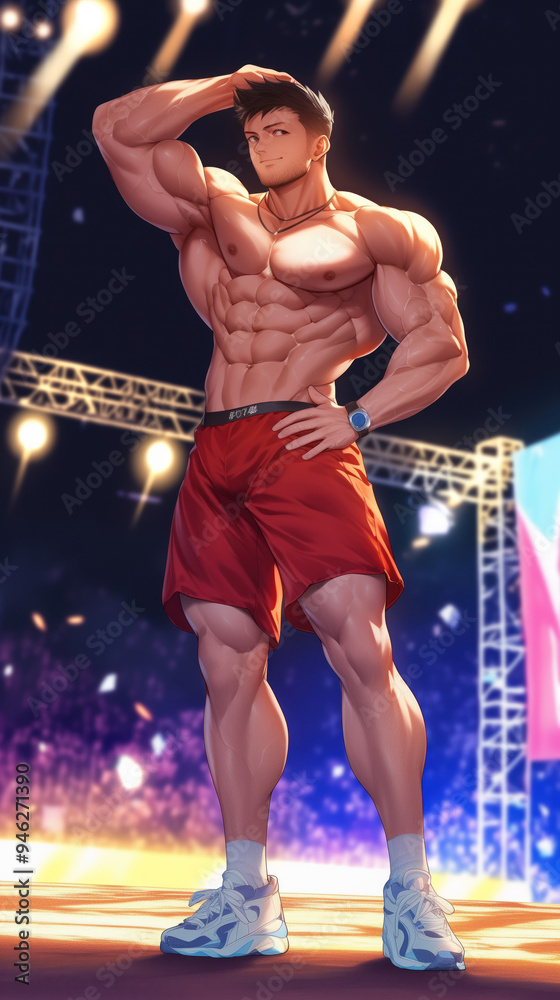 Anime bodybuilder strong shirtless muscular man pose at a bodybuilding ...