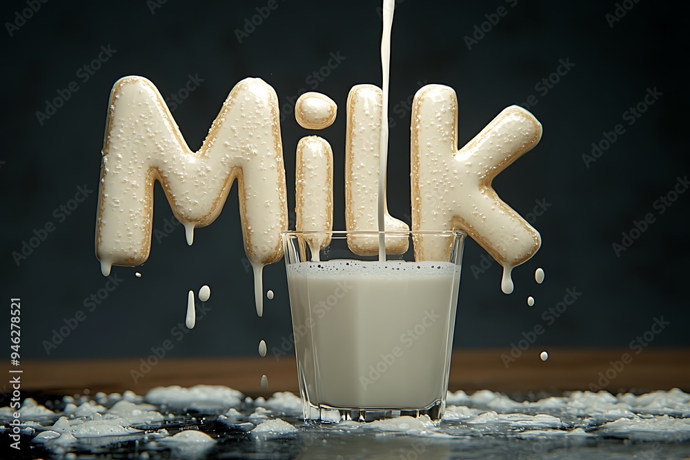 Fresh Milk Word Art Concept Pouring Glass of Milk Creating Bold Text ...