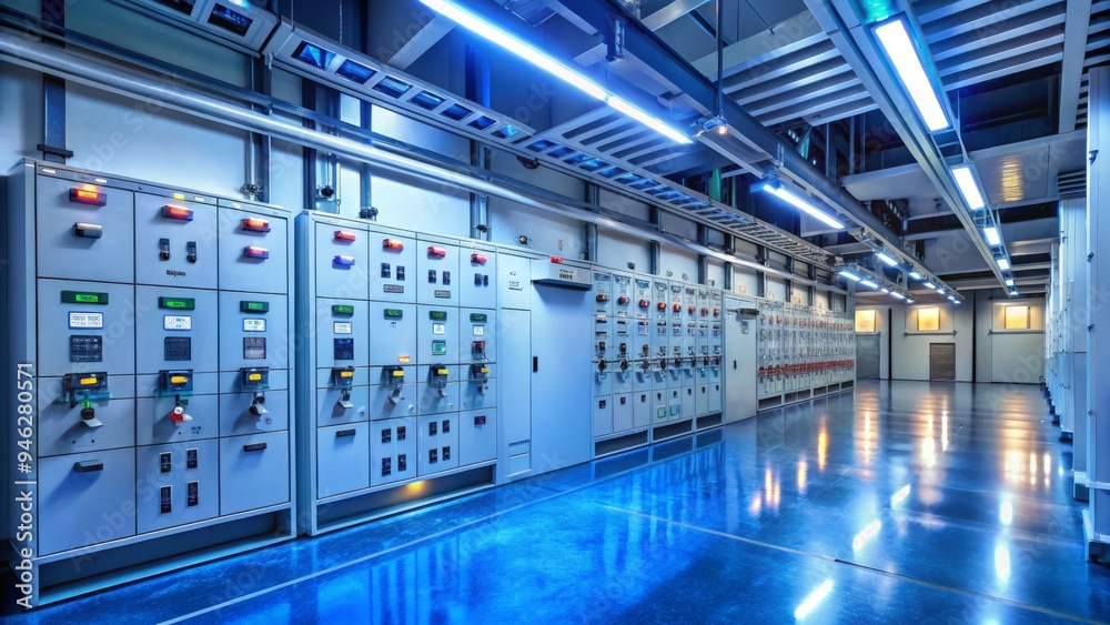 A modern commercial building's electrical room shows rows of electrical ...