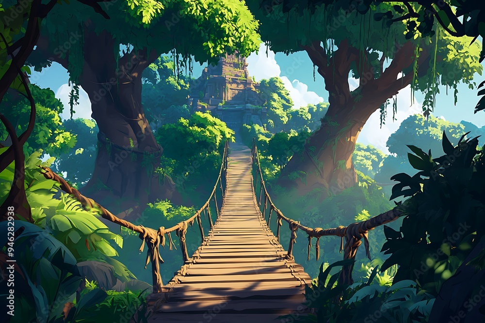 Enchanting Cartoon Jungle Clearing with Temple and Rope Bridge in ...
