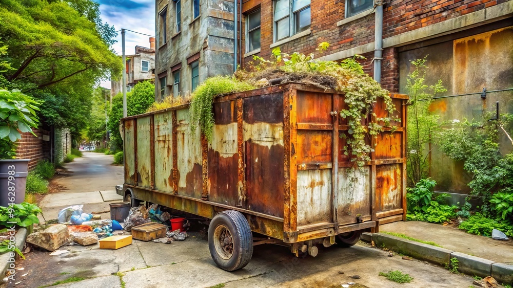 A rusty metal dumpster trailer with worn tires and faded paint is ...