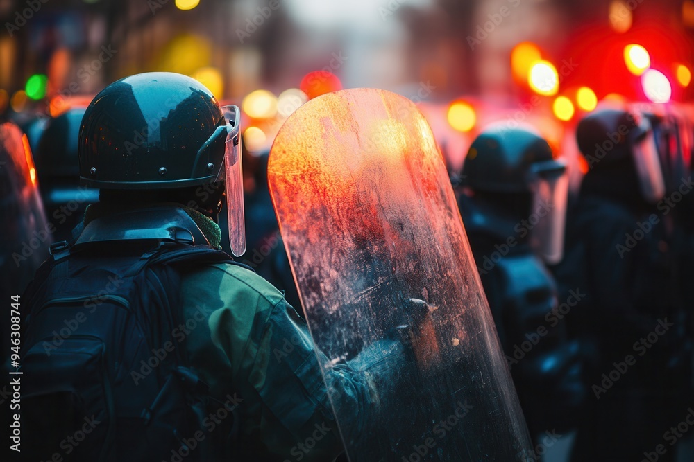 Demonstrators wave placards while law enforcement stands with riot ...