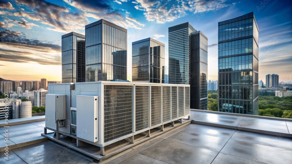 Giant rooftop HVAC unit on modern commercial building with sleek glass ...