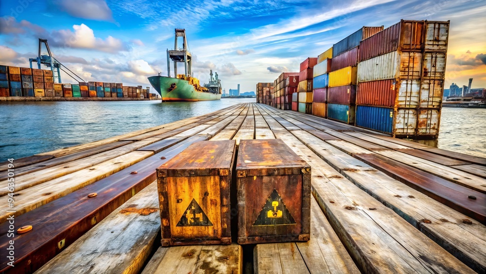 Rusty, worn cargo containers with hazard symbols and warning labels ...