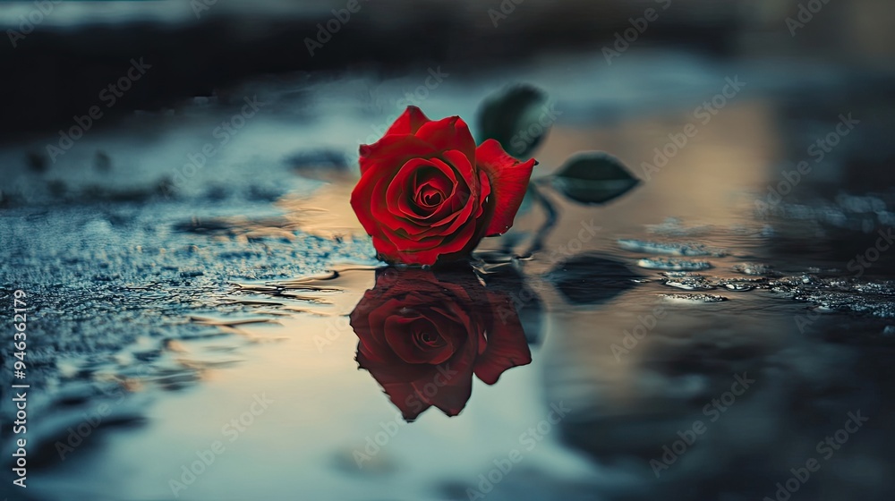 Single red rose reflected in a puddle of water, creating a distorted ...