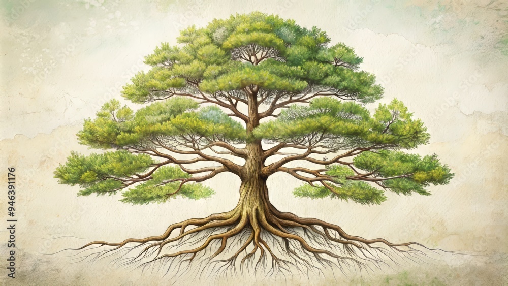 Whimsical hand-drawn illustration of a majestic pine tree with ...