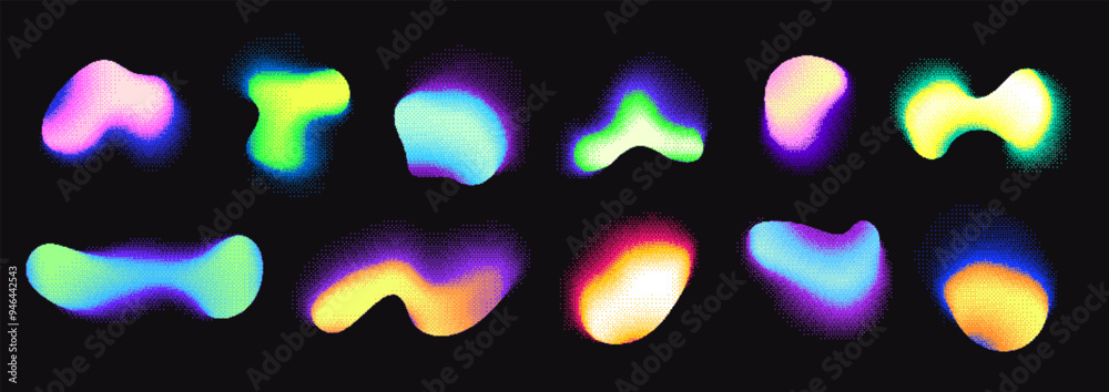 Abstract neon gradient bitmap shapes, holographic blurred fluid forms with dithering effect ...