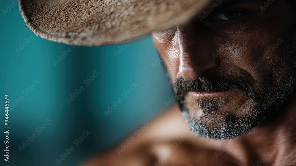 A focused image of a shirtless muscular man wearing a rustic cowboy hat ...