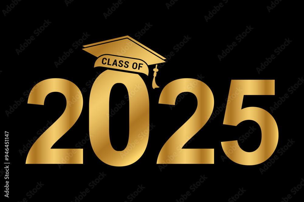 Hand drawn text illustration for class of 2025 graduation with gold ...