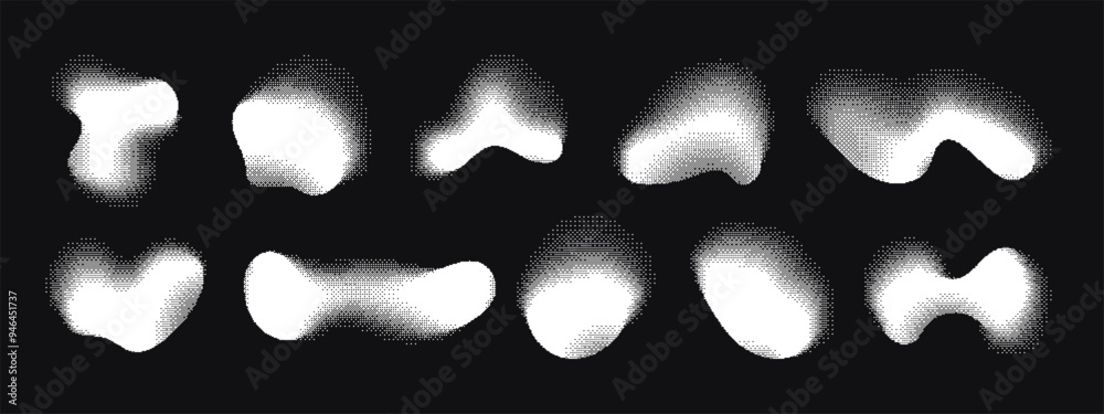 Abstract blurred bitmap shapes, white fluid forms with dithering effect ...