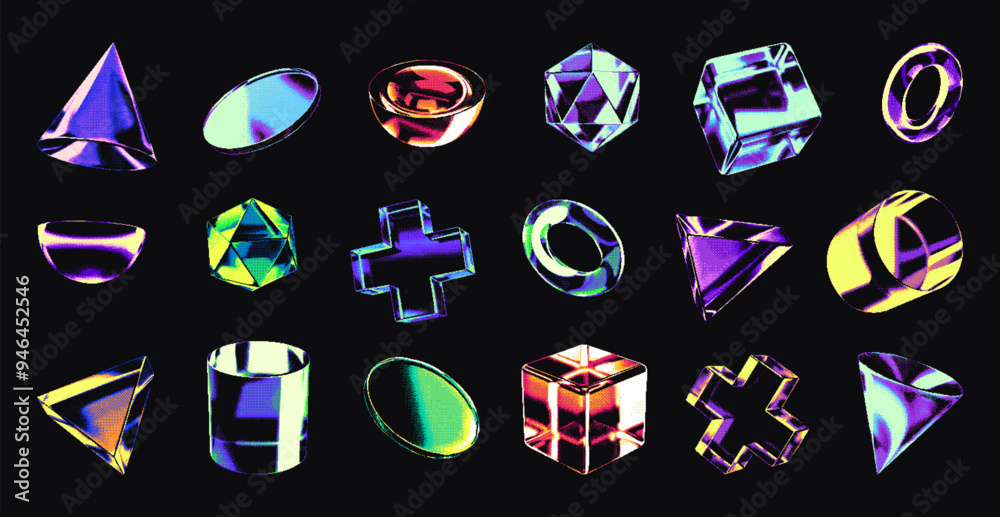 Vector de Stock Neon gradient bitmap geometric 3D shapes, retro futuristic pixelated forms ...