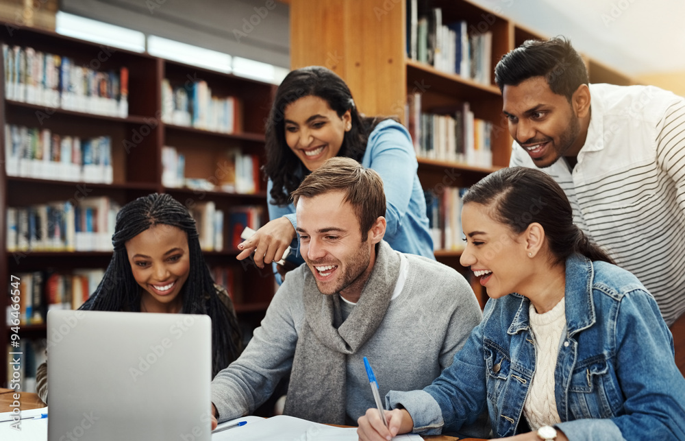 University, students and laughing at laptop in library for research ...