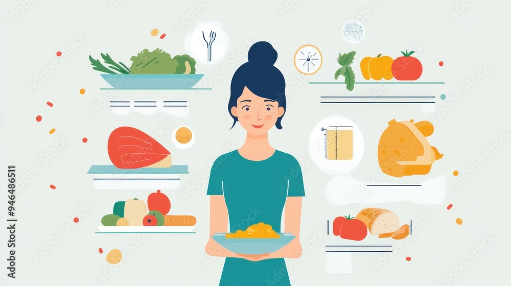 infographic of a woman with balanced diet foods including vegetables ...