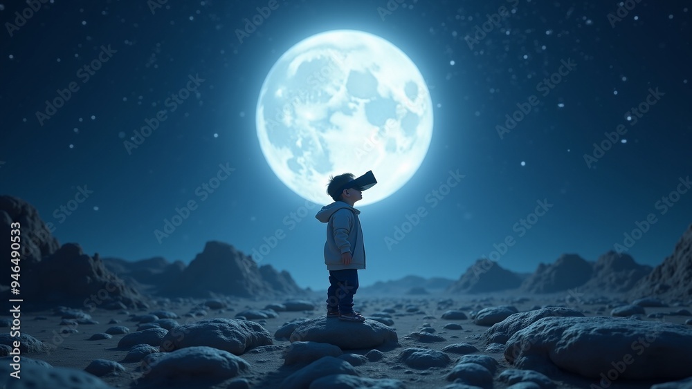 Child Exploring the Moon Through VR, A young child wearing a virtual ...