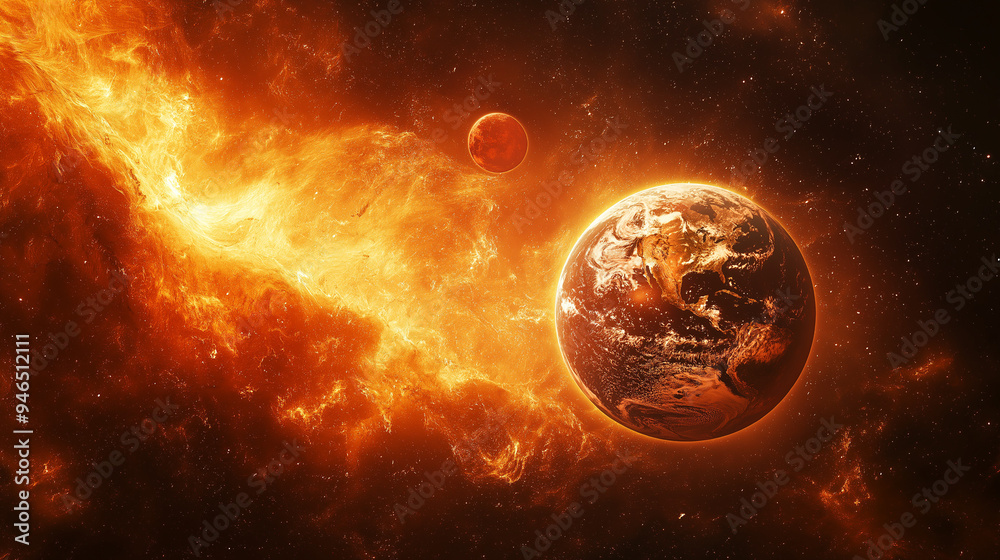 Burning planet in outer space, destruction and chaos. Abstract ...