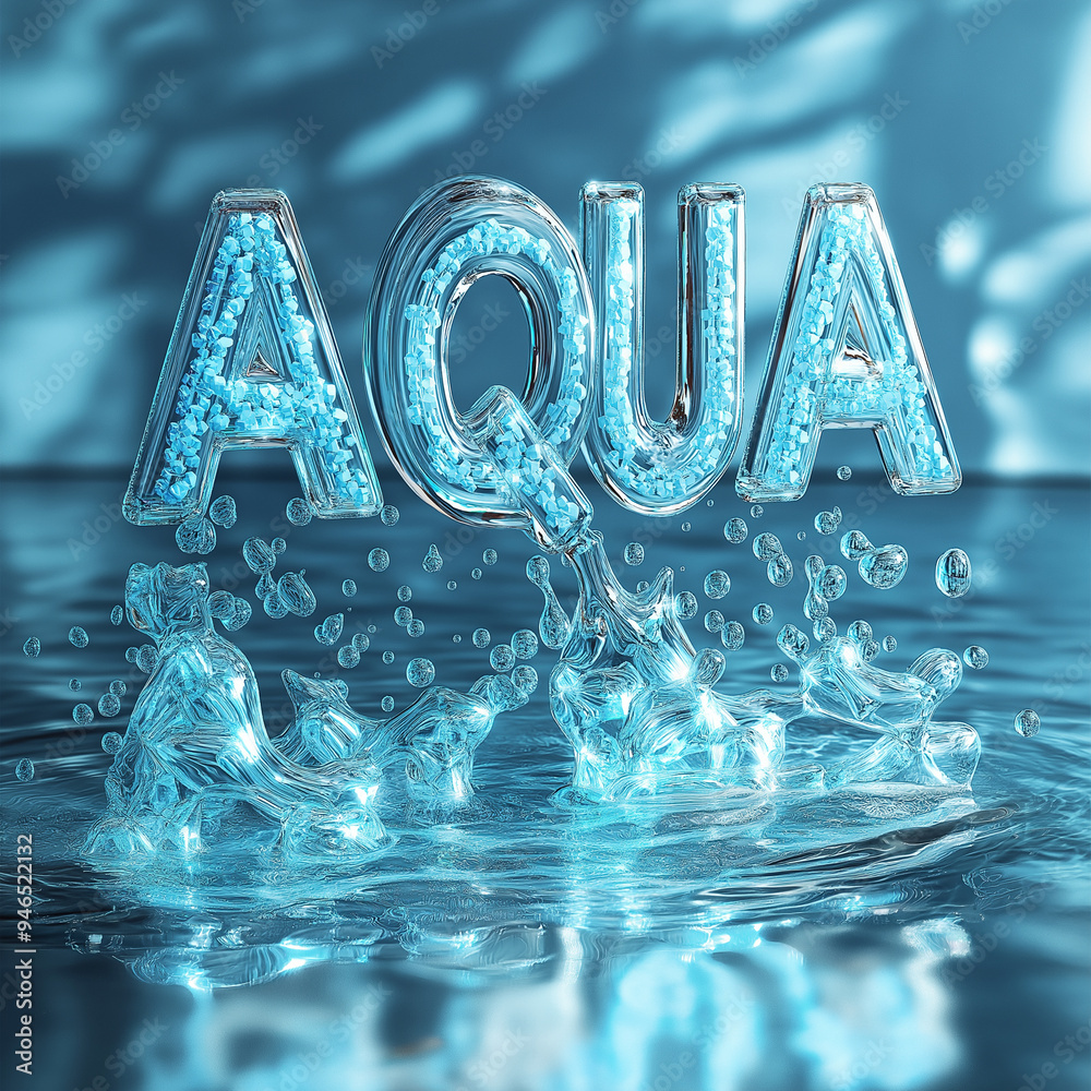 3D render text "AQUA" logo, crafted in a liquid like font that mimics ...