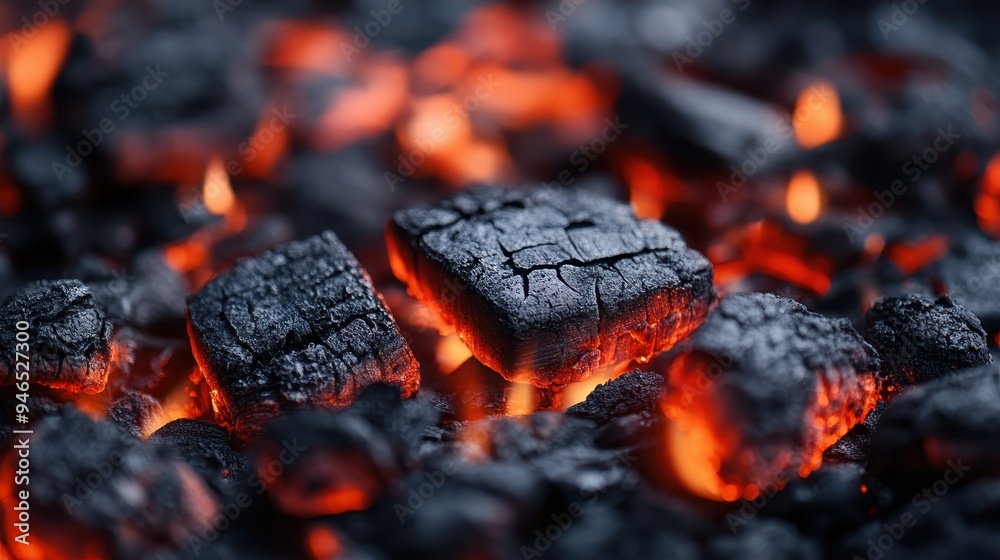 This close-up image portrays glowing coals displaying a deep fiery ...