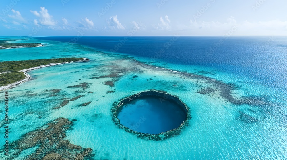 Aerial view of the blue hole on a beautiful coral reef in Great Exuma ...