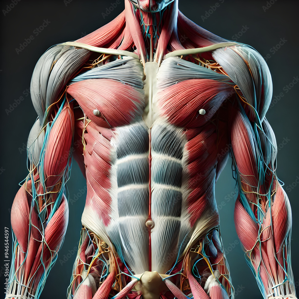 3D anatomical showing major muscle groups of the human body, including ...