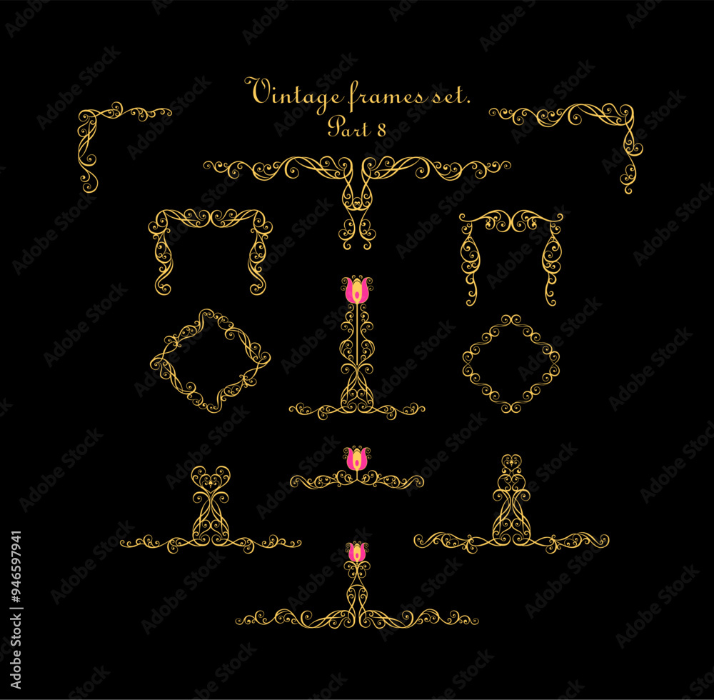 Vintage gold curled design set for wedding invitations, headers ...