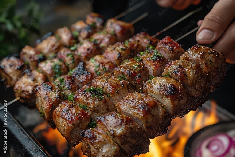 aromatic mechoui lamb rotating on a spit glistening with spices and oil ...