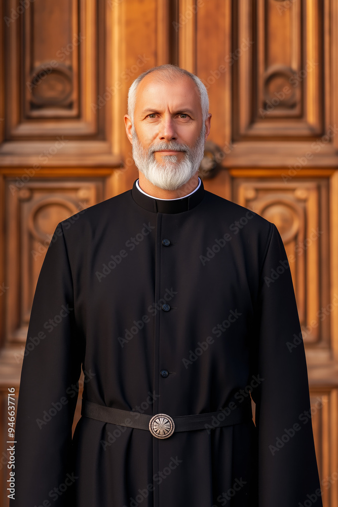 Elderly priest in a simple cassock with a peaceful expression standing ...