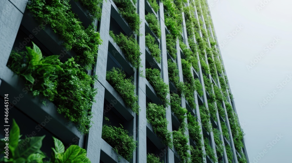 Tall building exterior features vertical garden walls filled with lush ...