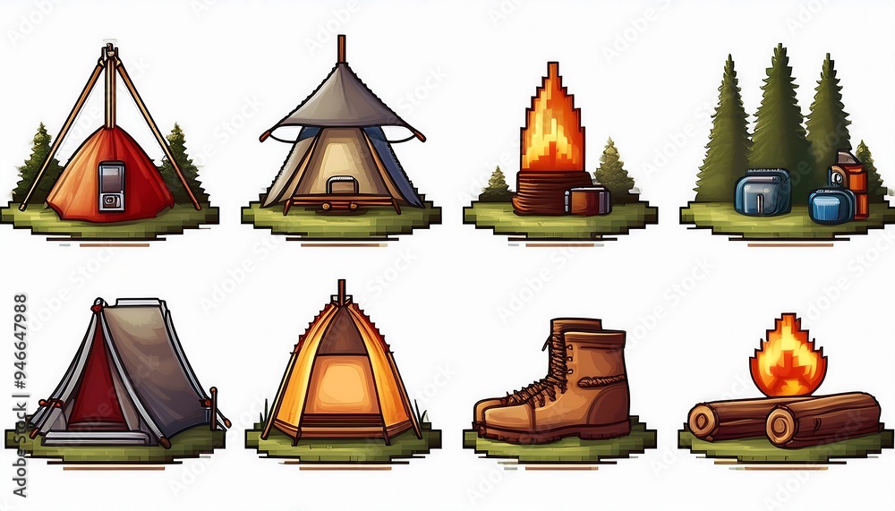Pixelated Retro Camping Icons Set - set of 16-bit pixel art sprites for ...