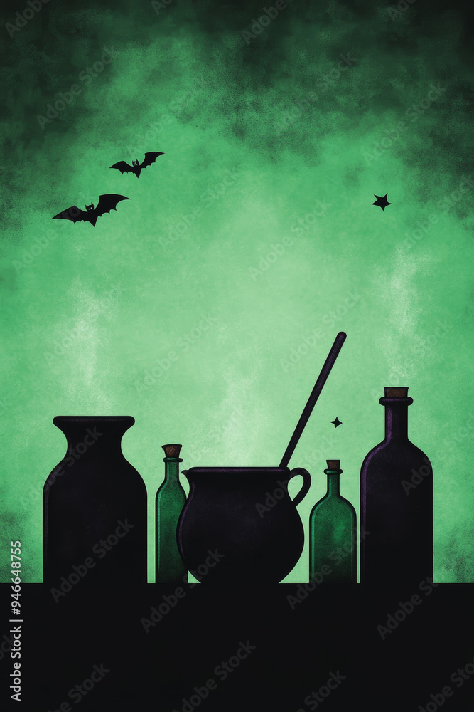 Witchy Halloween invitation with flying broomsticks, potion bottles ...