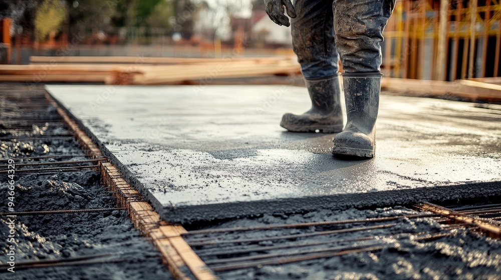 A construction worker wearing safety boots stands on a newly poured ...