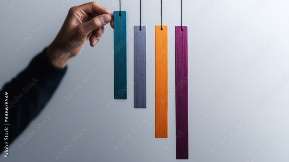 This image shows a hand holding up four colorful, rectangular bookmark ...