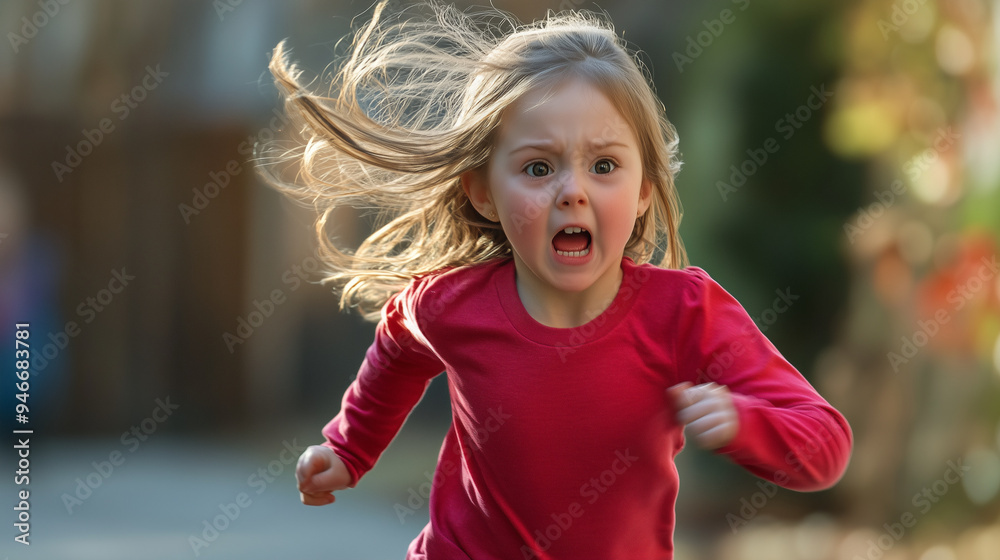 Scared girl with red hair runs through a park, screaming in fear. Her ...