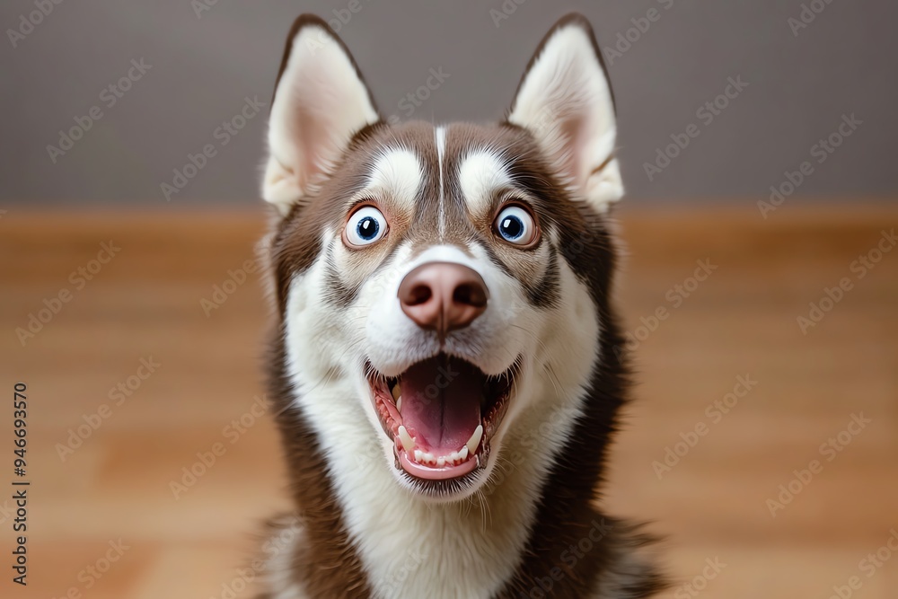 Funny Siberian Husky making a face of surprise, captured in a photo ...