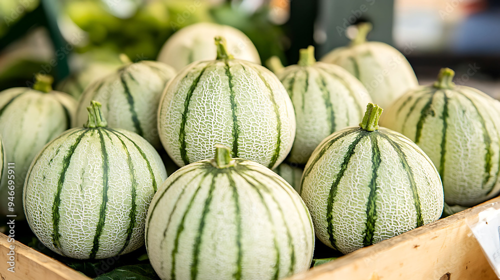 Cucumis melo Piel de Sapo Melon a market setting a display of Piel de ...