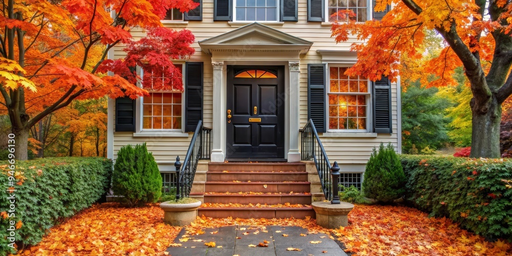 Autumnal Front Door Framed by Vibrant Foliage, Yellow House, Black Door ...