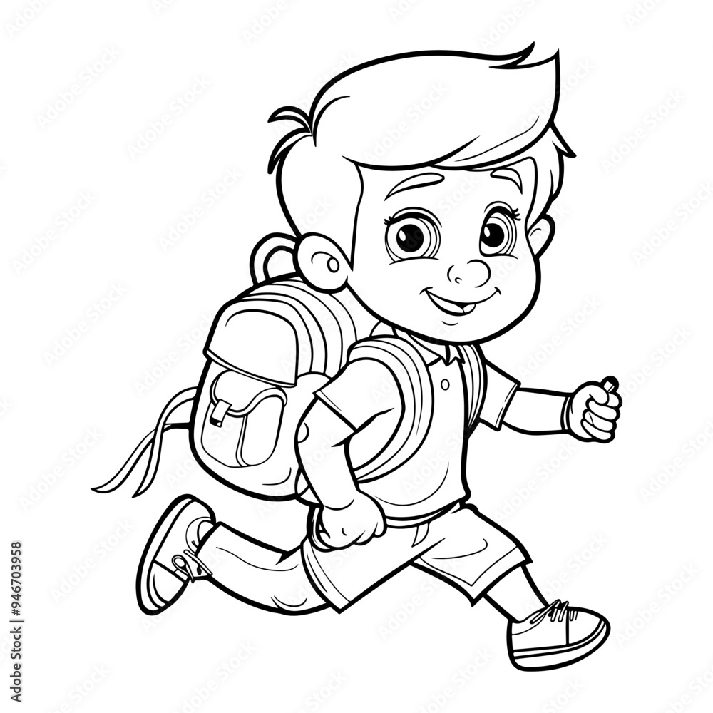 Coloring page for kids, a cute boy going to school with a backpack ...