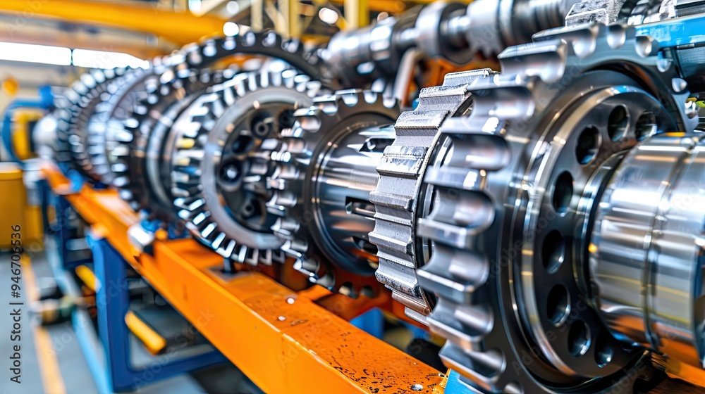 Close-up of an automobile gearbox with steel gears on the transmission ...
