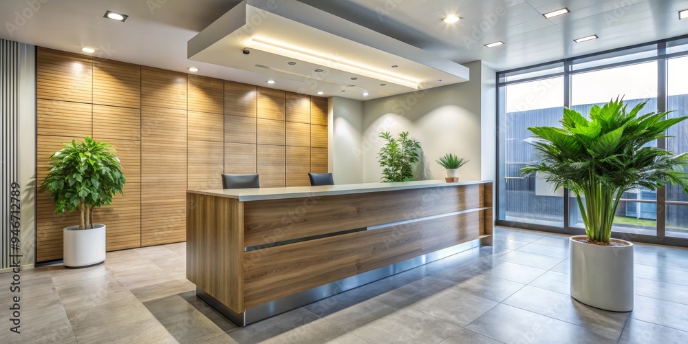 Modern Office Reception Desk with Wooden Paneling and Natural Light ...