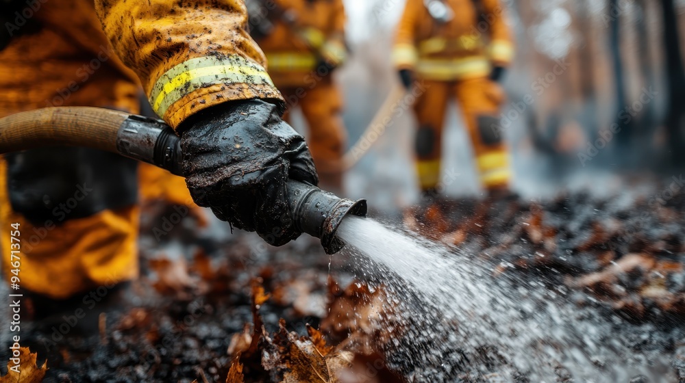 A firefighter wearing yellow protective gear is using a hose to ...