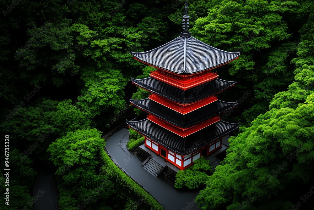 Japanese vermillion pagoda surrounded by lush greenery, captured in a ...