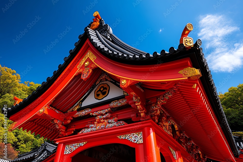 Japanese vermillion temple roof set against a clear blue sky, captured ...
