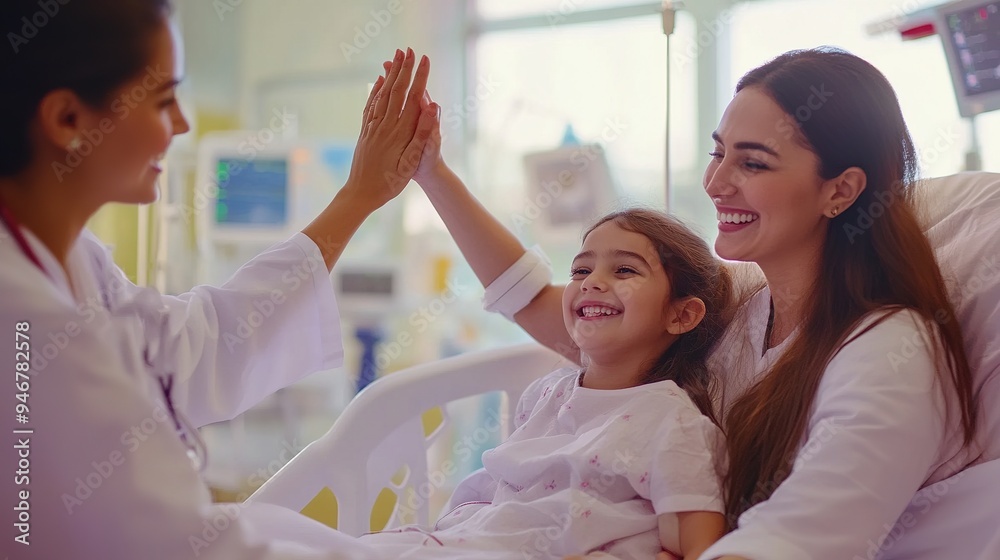 Happy indian woman nurse or medical staff give a high five to little ...