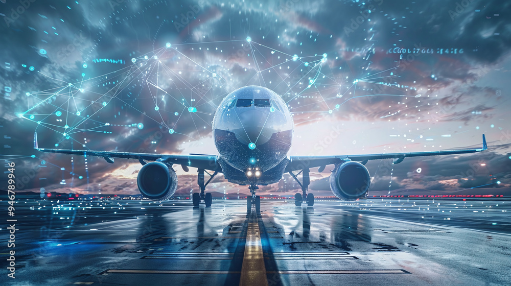 Airplane Positioned for Takeoff on a Rainy Runway with Digital Control ...