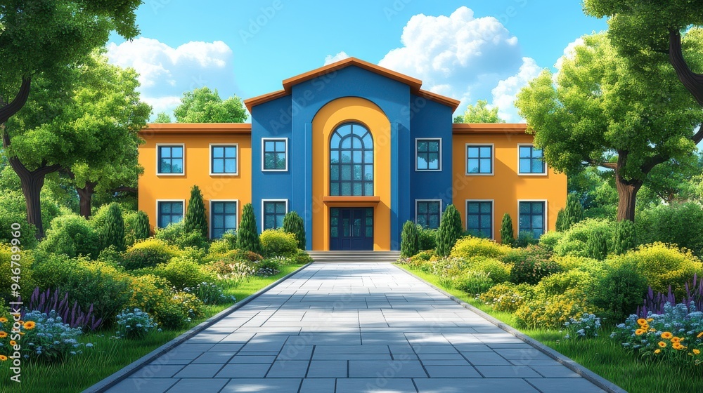 Vibrant yellow and blue modern school building exterior with large ...