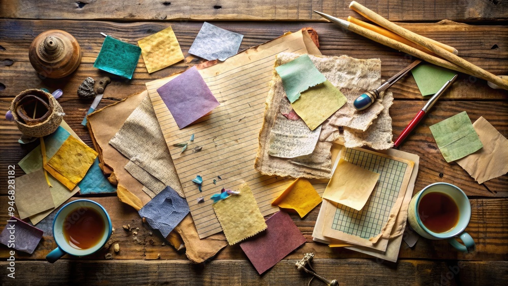 A colorful, layered composition of torn paper sheets with handwritten ...