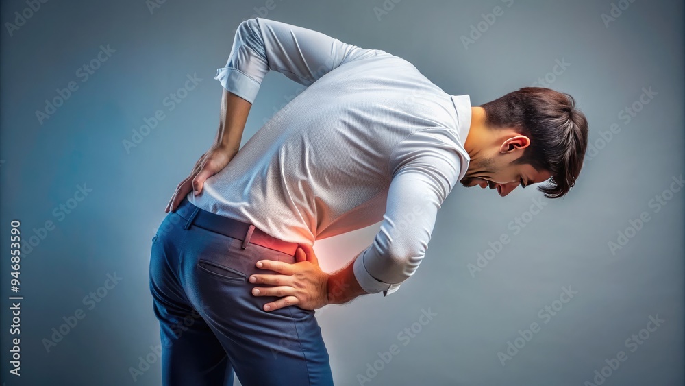 A person bends forward, hands on hips, exhibiting strained posture and ...