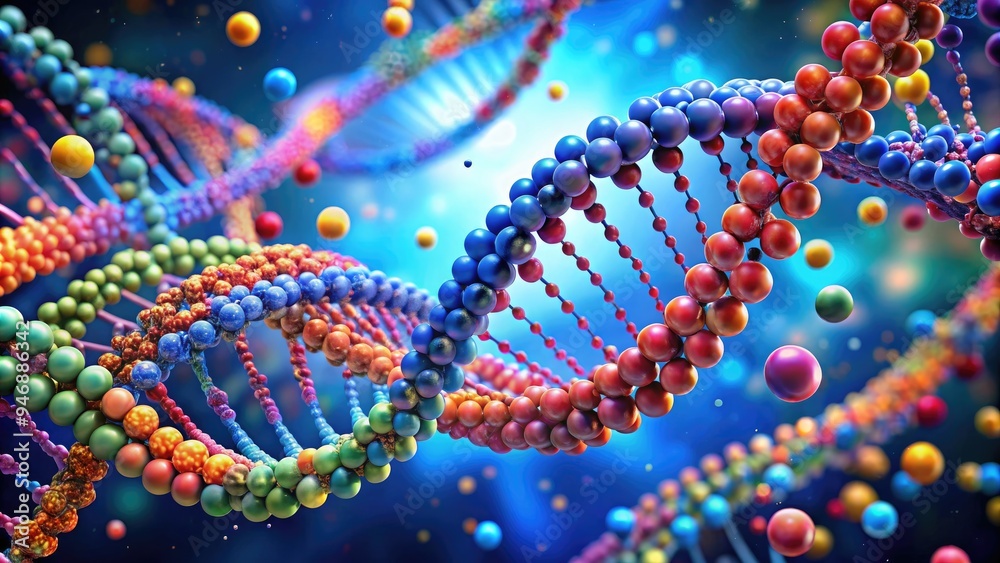 Colorful molecular model of RNA and DNA helix structures twirling ...