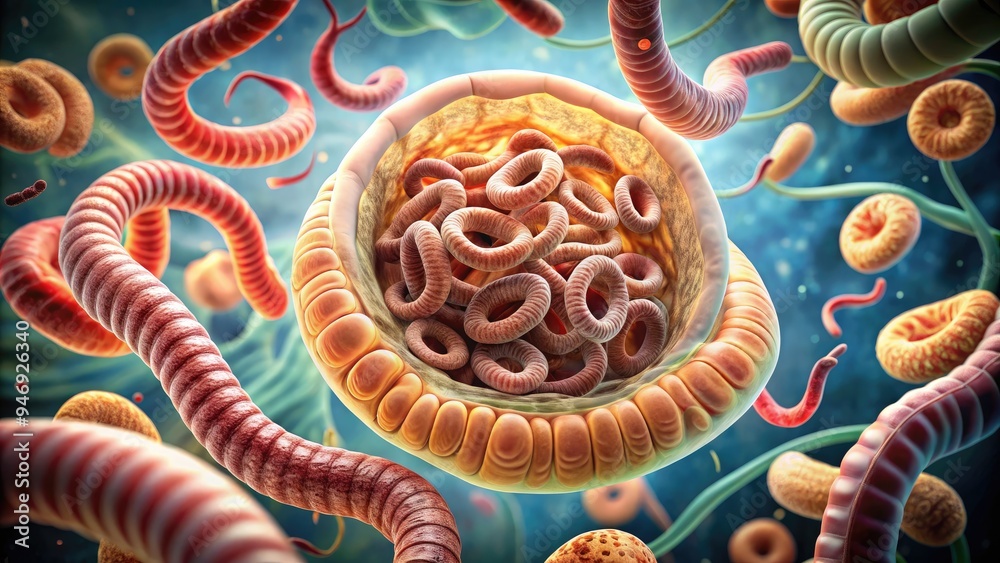 Microscopic illustration of various intestinal parasites, including ...