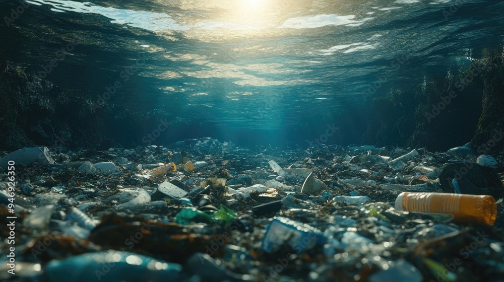 Ocean floor littered with plastic. This image highlights the ...