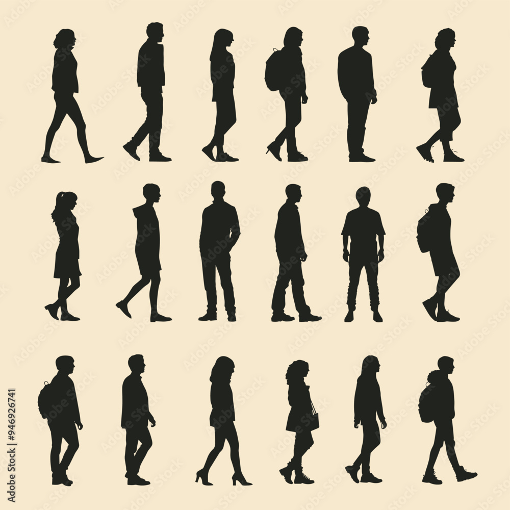 Silhouettes of diverse men and women walking, depicted in side profile ...